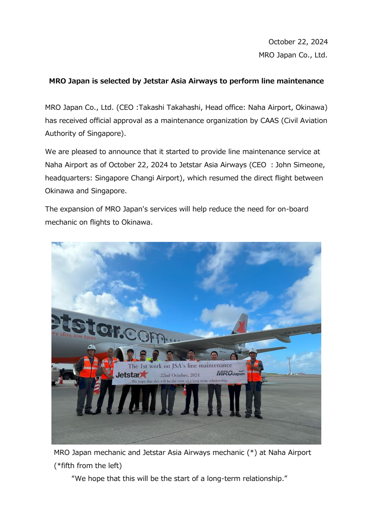 MRO Japan is selected by Jetstar Asia Airways to perform line ...